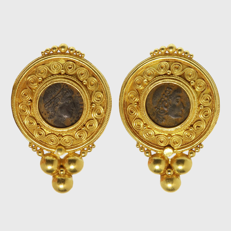 Etruscan Revival Earrings | Authentic Roman Bronze Coin Earrings, 21k Gold